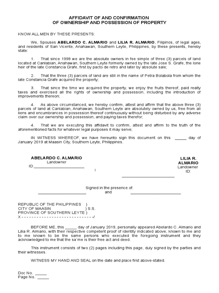 Affidavit of and Confirmation of Ownership and Possession | Download ...