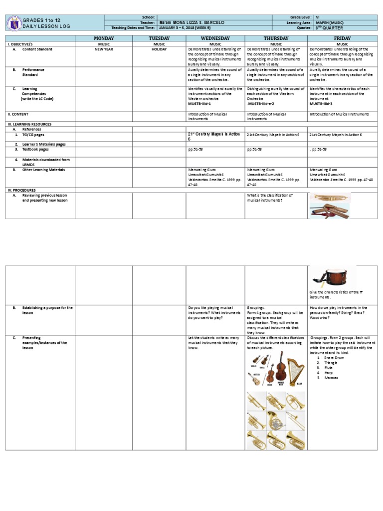 Mapeh 6 - Q3 - W9 DLL | PDF | Musical Instruments | String Instruments