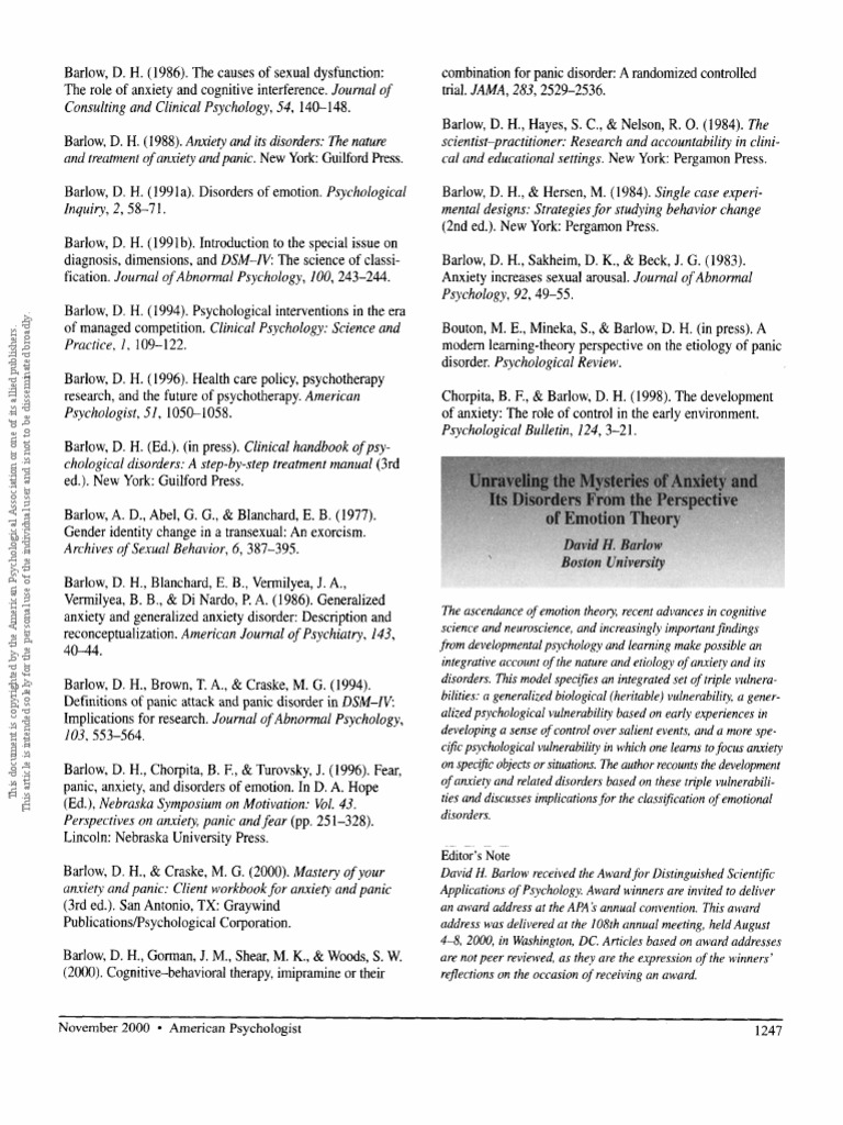 Barlow (2000) Unraveling The Mysteries of Anxiety and Its Disorders ...