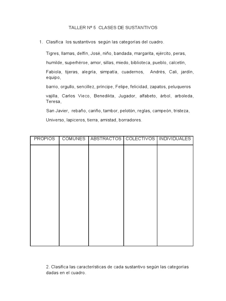 Taller de Clases de Sustantivos | PDF