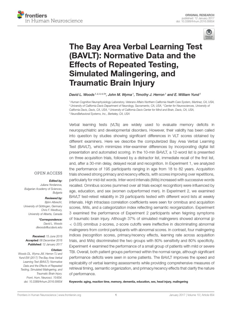 The Bay Area Verbal Learning Test (BAVLT) - Normative Data and The ...
