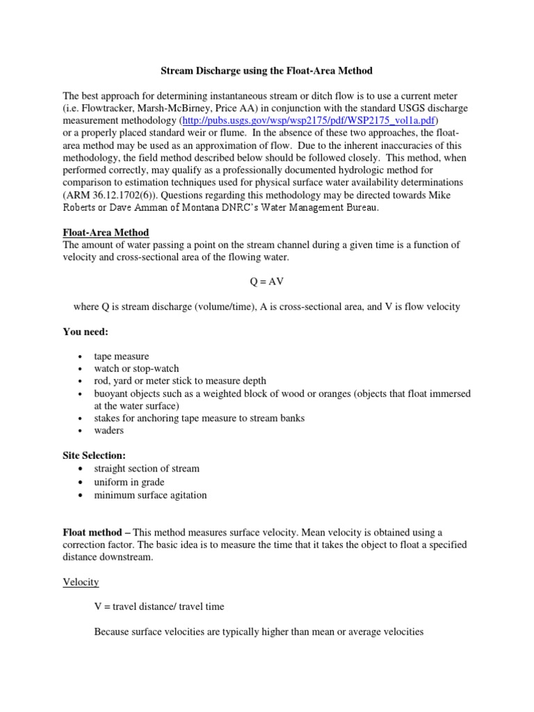 Float Area Method | PDF | Stream | Discharge (Hydrology)