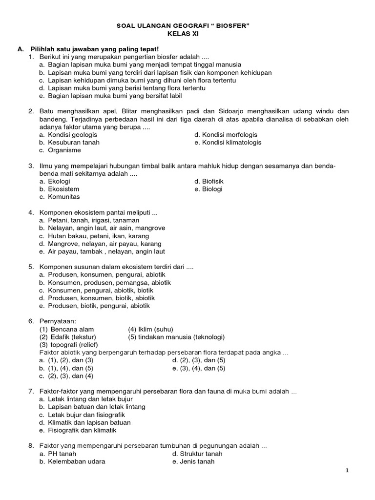 Soal Ulangan Geografi Biosfer Kelas XI | PDF
