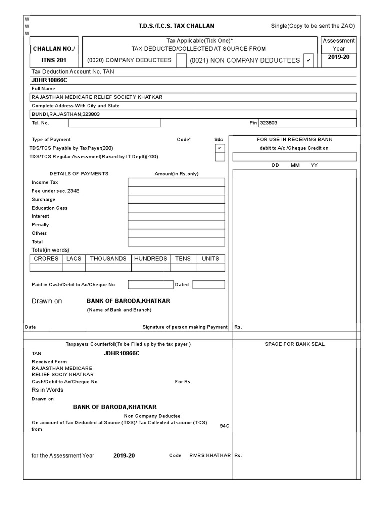 (0021) Non Company Deductees A: T.D.S./T.C.S. Tax Challan | PDF ...
