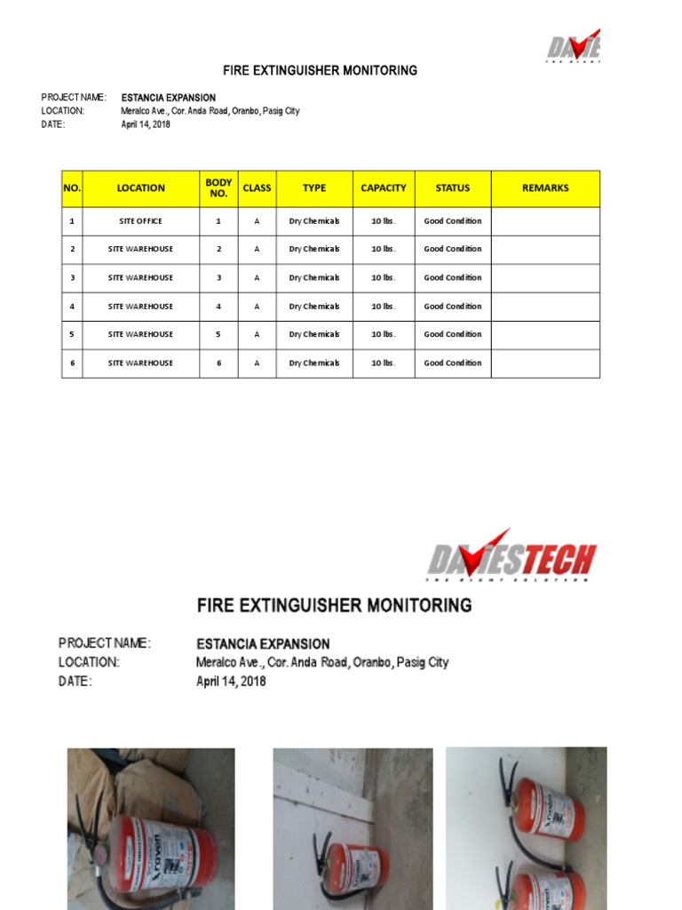 Fire Extinguisher Monitoring: NO. Location Class Type Capacity Status ...