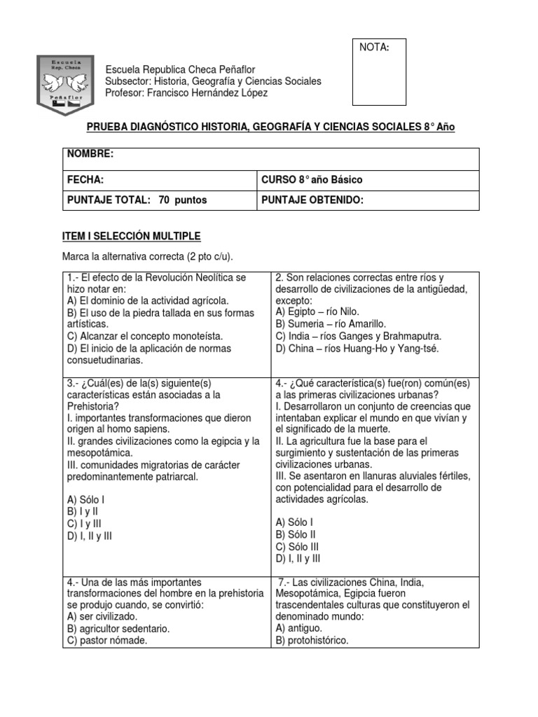 Evaluación Diagnostico Historia 8° Año Básico | PDF | Feudalismo | Roma ...