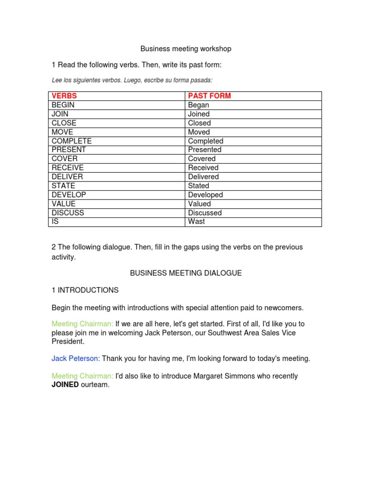 Verbs Past Form: Lee Los Siguientes Verbos. Luego, Escribe Su Forma ...