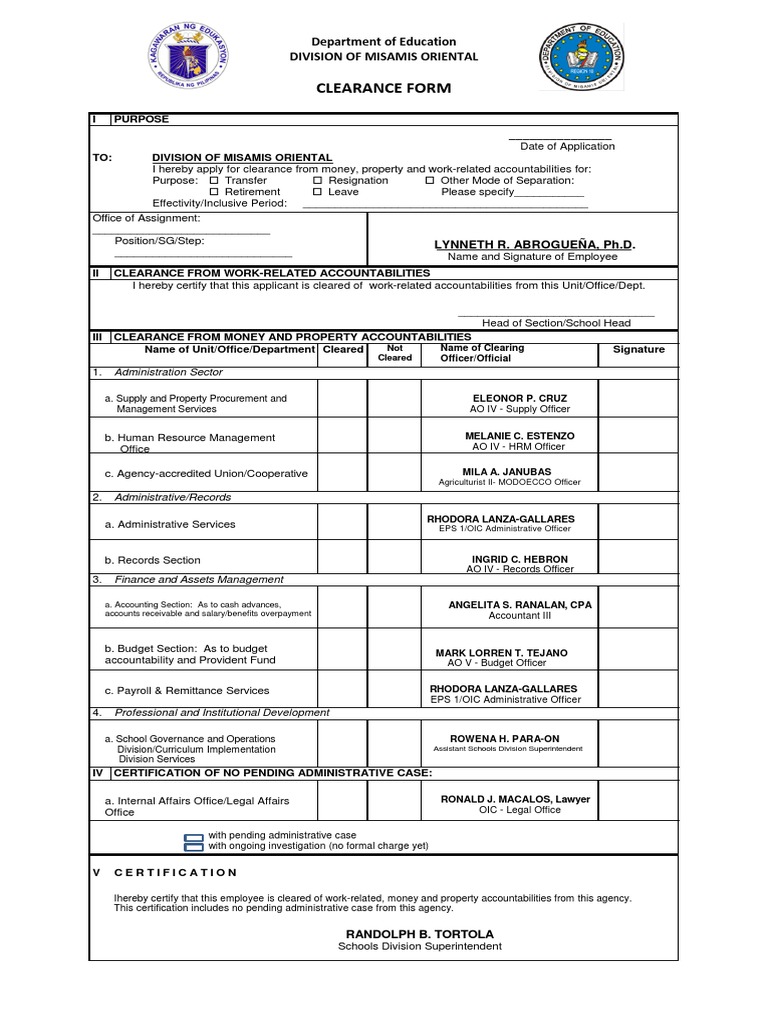 Clearance Form: Department of Education Division of Misamis Oriental ...