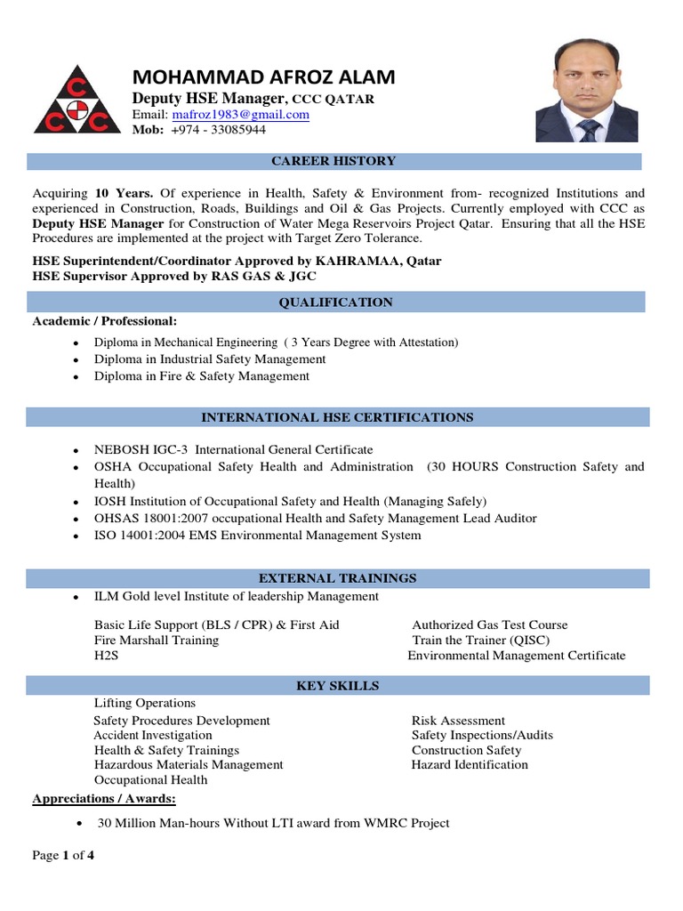 CV For Example | PDF | Occupational Safety And Health | Safety