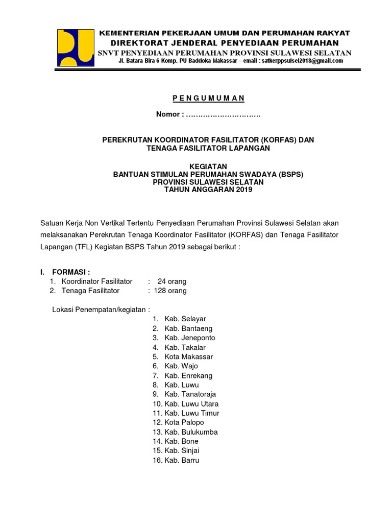 Pengumuman Rekrutmen Tenaga Pendamping BSPS 2019 | PDF