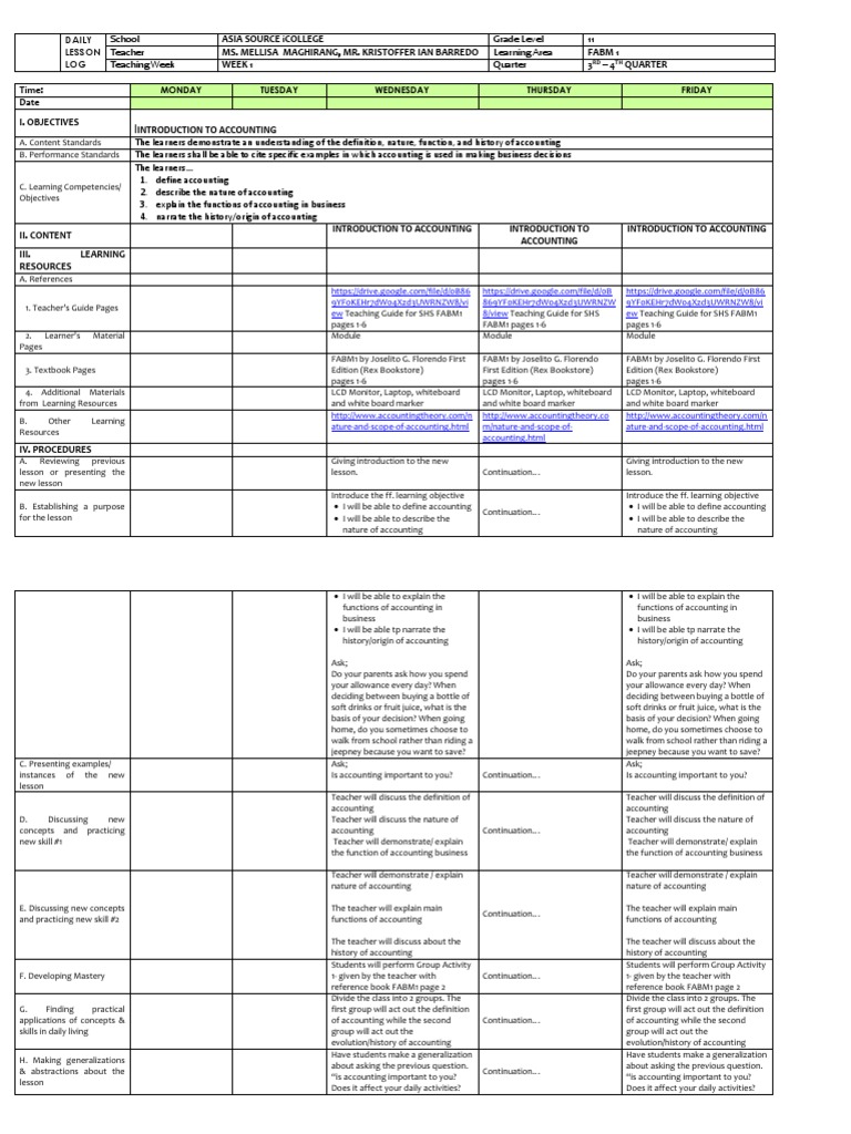 DLL Fabm1 Week1 | PDF | Pedagogy | Teachers