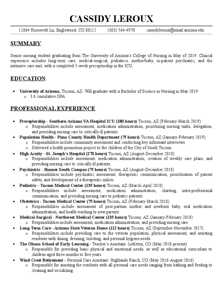 Cassidy Leroux Resume | PDF | Intensive Care Medicine | Nursing