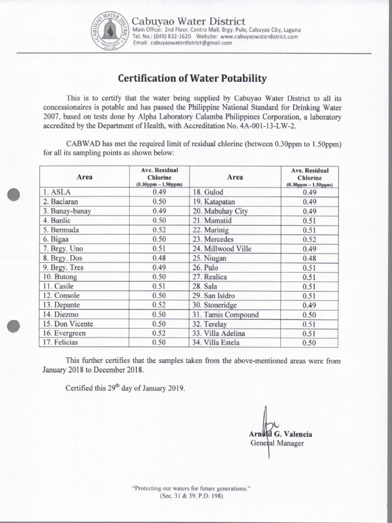 2018 Cert. Water Potability | PDF