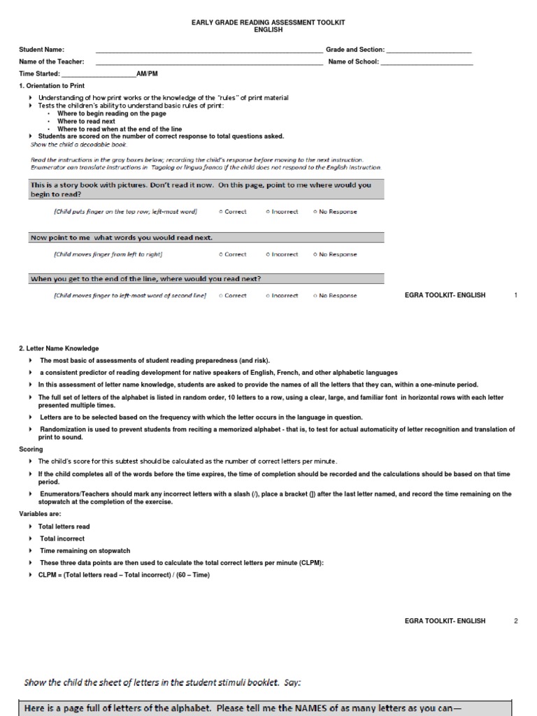 Early Grade Reading Assessment Toolkit English | PDF | Question ...