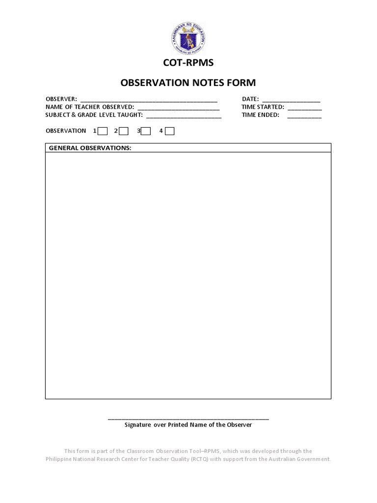 COT-RPMS Observation Notes Template | PDF
