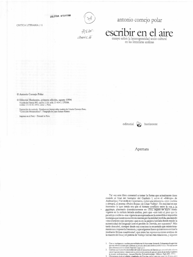 Cornejo Polar - Apertura A Escribir en El Aire PDF | PDF Cornejo Polar - Apertura A Escribir en El Aire PDF | PDF