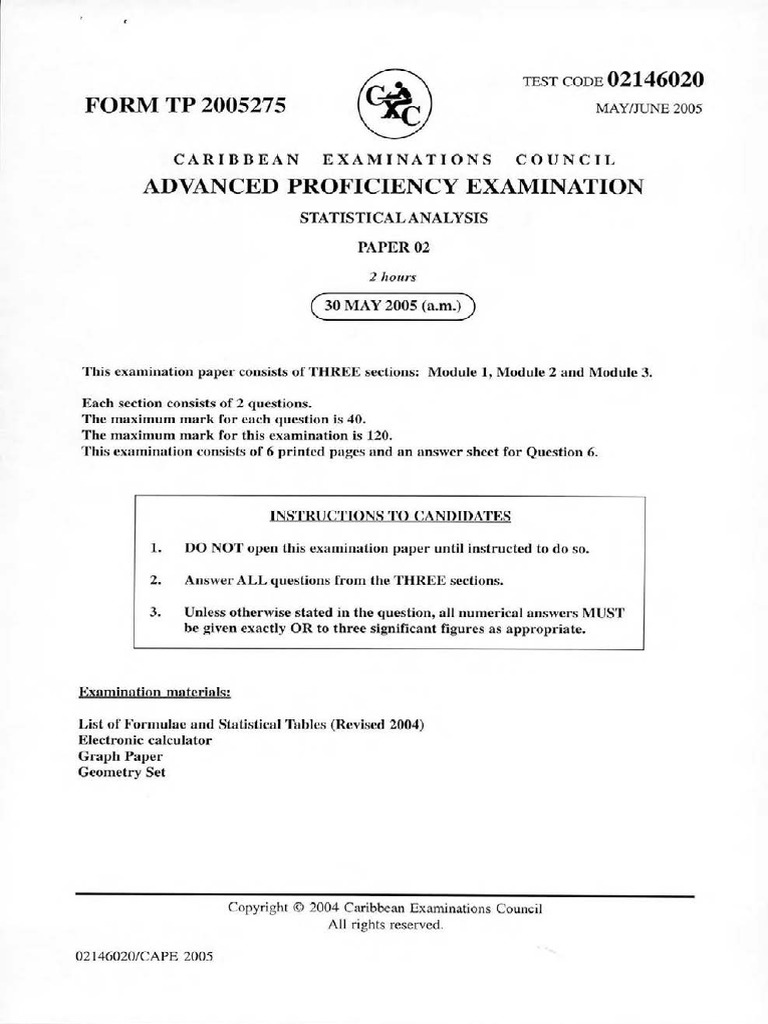 CAPE Applied Mathematics Past Papers 2005P2MAY PDF | PDF | Statistical ...