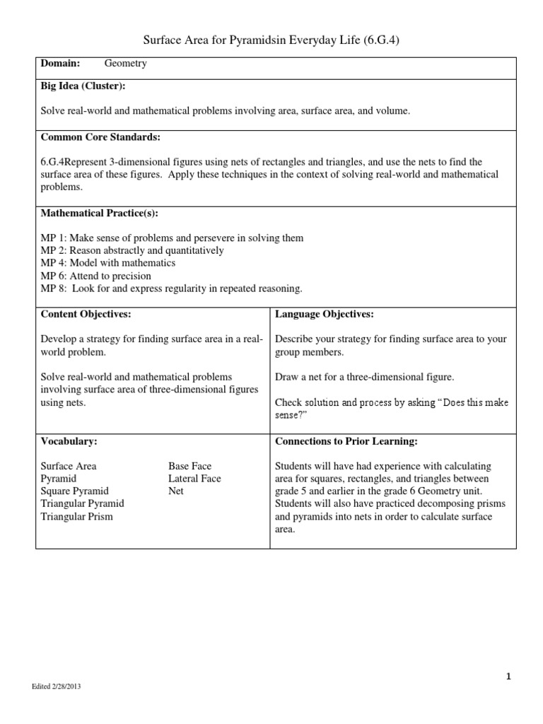 6.G.4 SA of Pyramids in Everyday Life Lesson Plan | PDF | Area | Triangle
