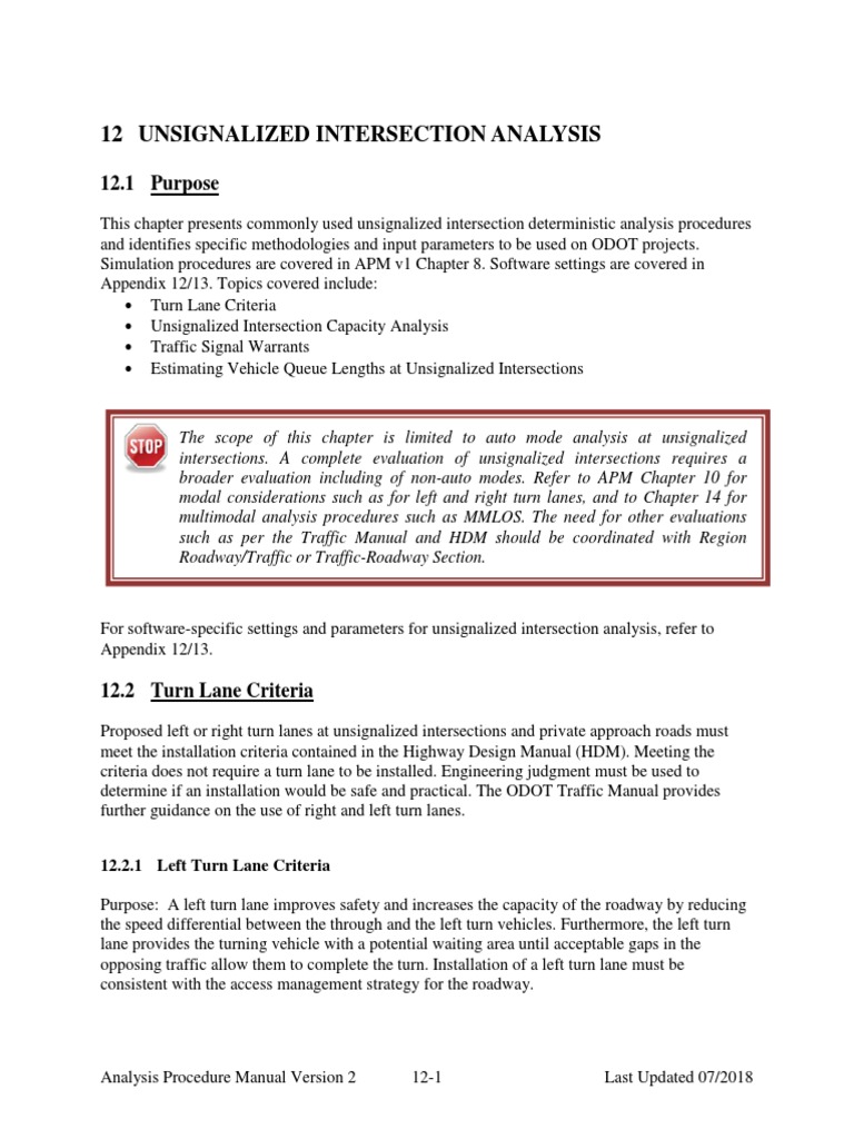 12 Unsignalized Intersection Analysis: 12.1 Purpose | PDF | Traffic | Lane