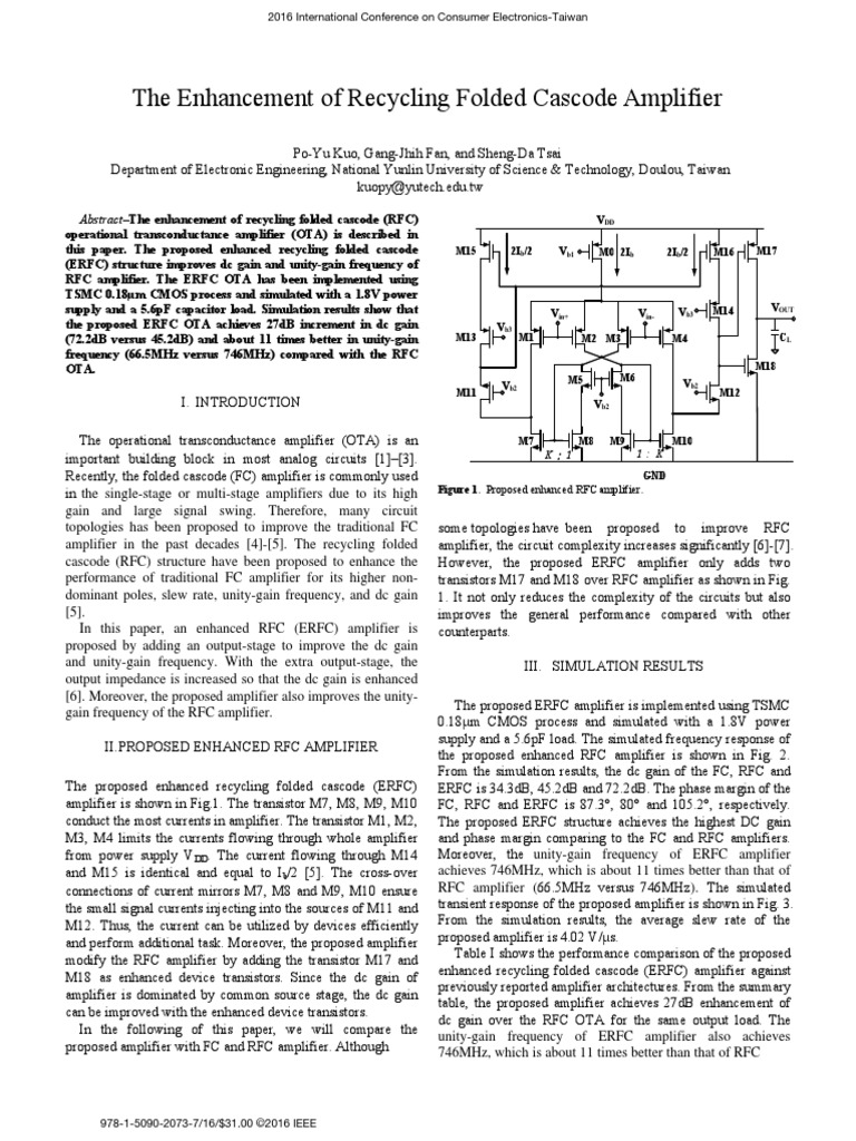 Abstract-The Enhancement of Recycling Folded Cascode (RFC) | PDF | Amplifier | Transistor