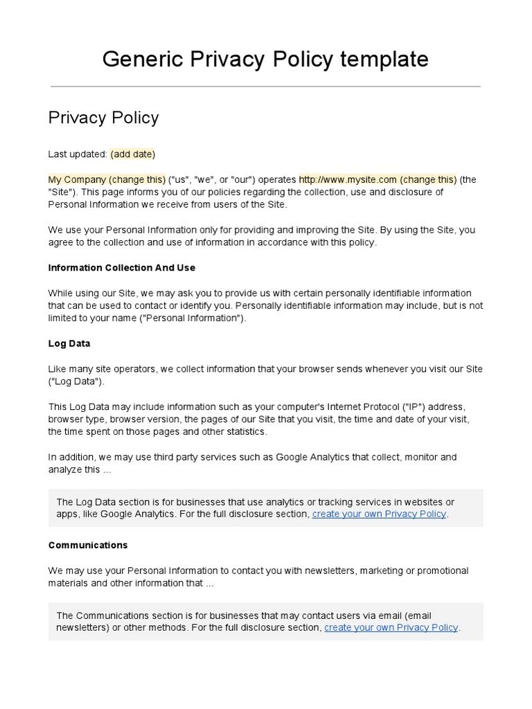 Privacy Policy Template PDF | PDF | Internet Privacy | Http Cookie