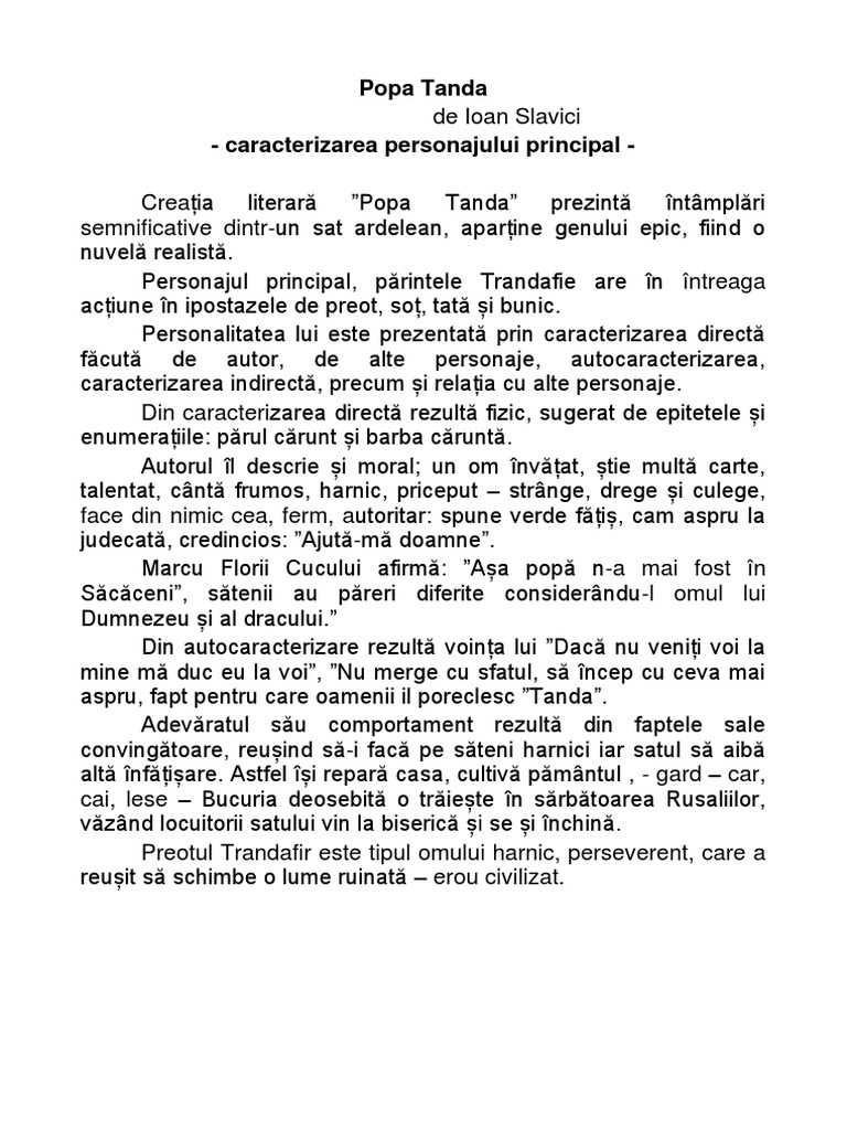 Popa Tanda Caracterizarea Personajului | PDF
