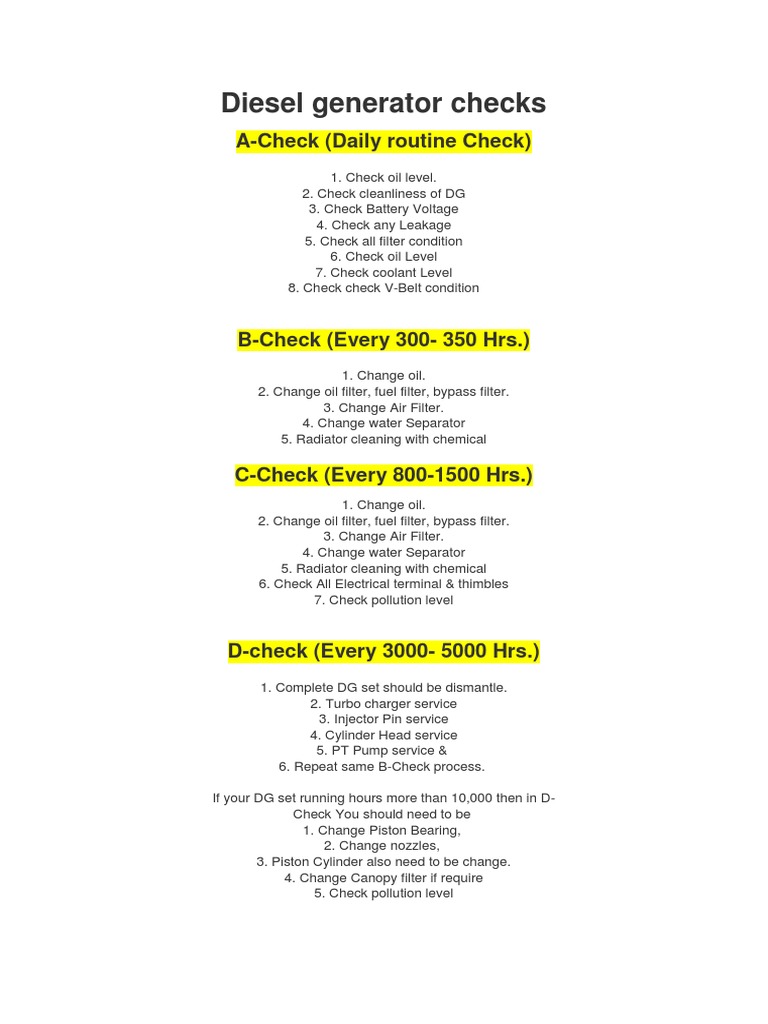 Diesel Generator Checks | PDF | Technology & Engineering