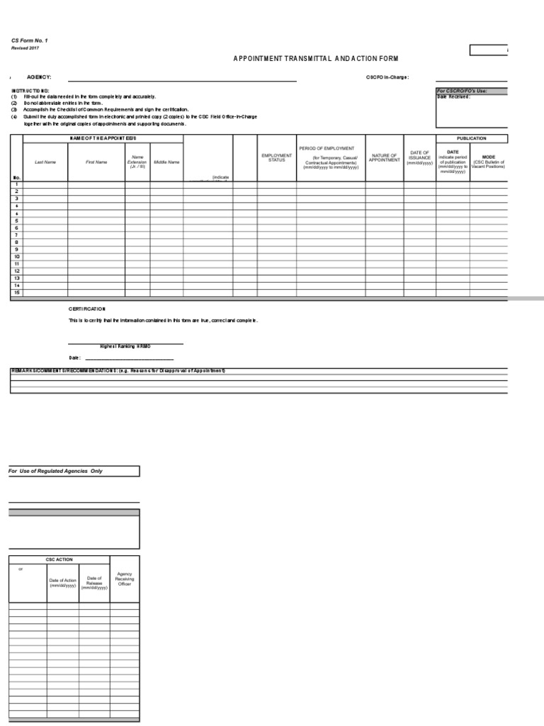 CS Form No. 1 Appointment Transmittal and Action Form | PDF ...