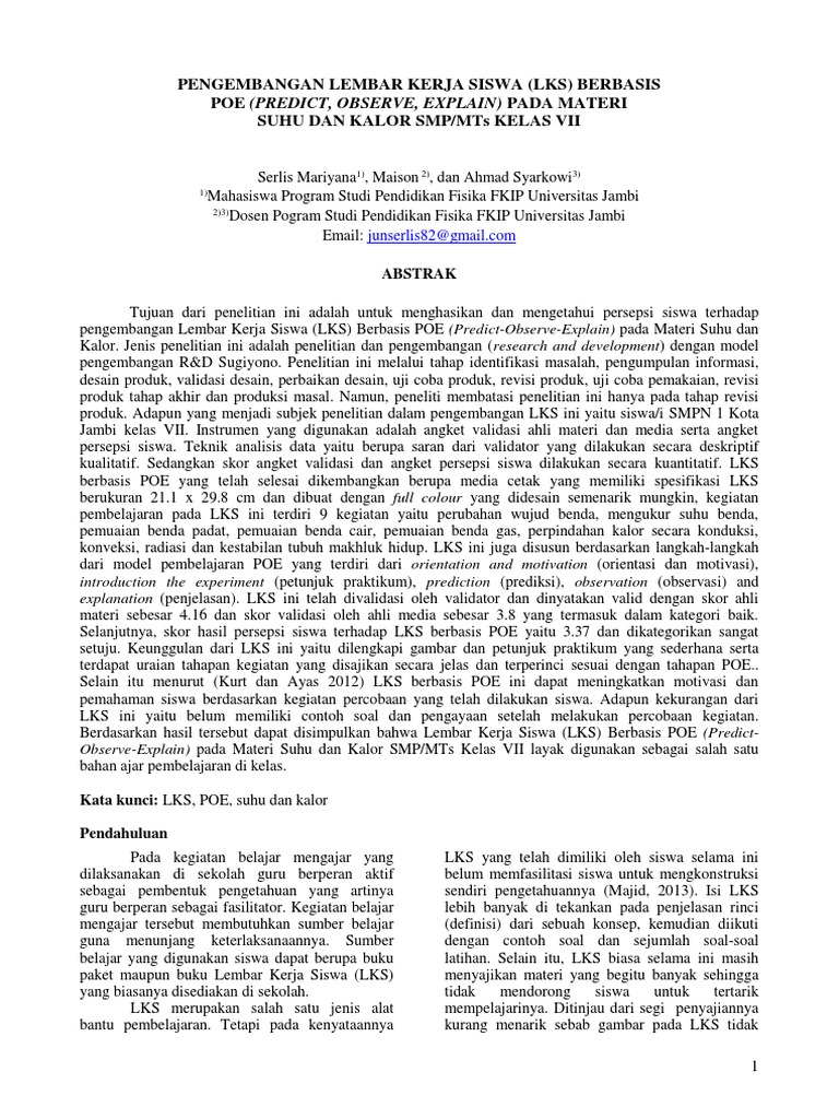 PENGEMBANGAN LEMBAR KERJA SISWA (LKS) BERBASIS POE (PREDICT, OBSERVE, EXPLAIN) PADA MATERI SUHU ...