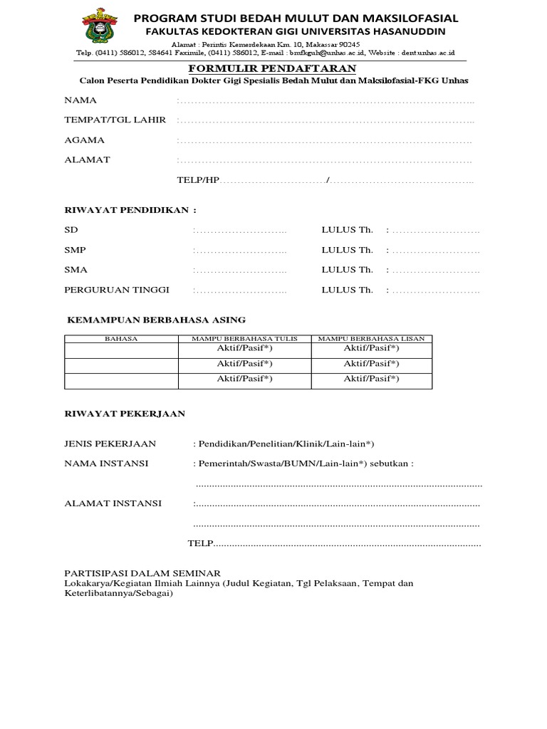Formulir Pendaftaran PPDGS Bedah Mulut Unhas PDF | PDF
