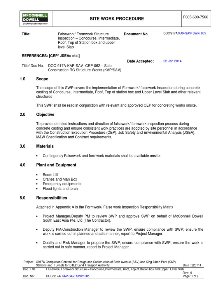 Falsework/Formwork Inspection Procedure | PDF | Construction Management ...