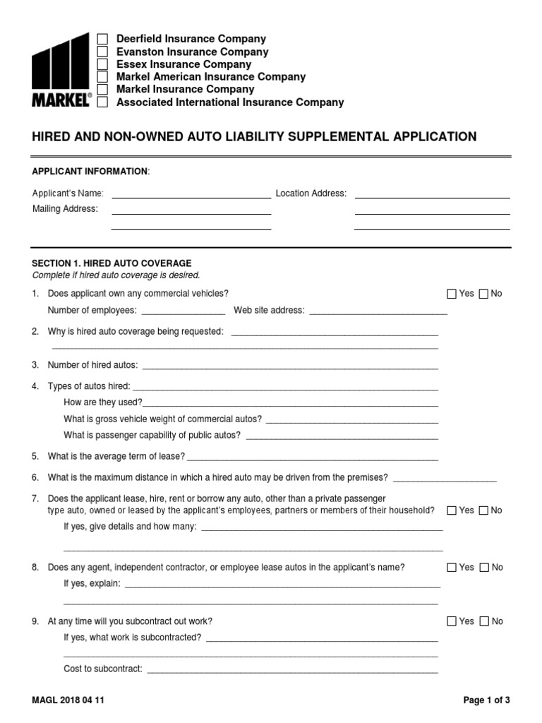 Hired and Non-Owned Auto Liability Supplemental Application | PDF ...