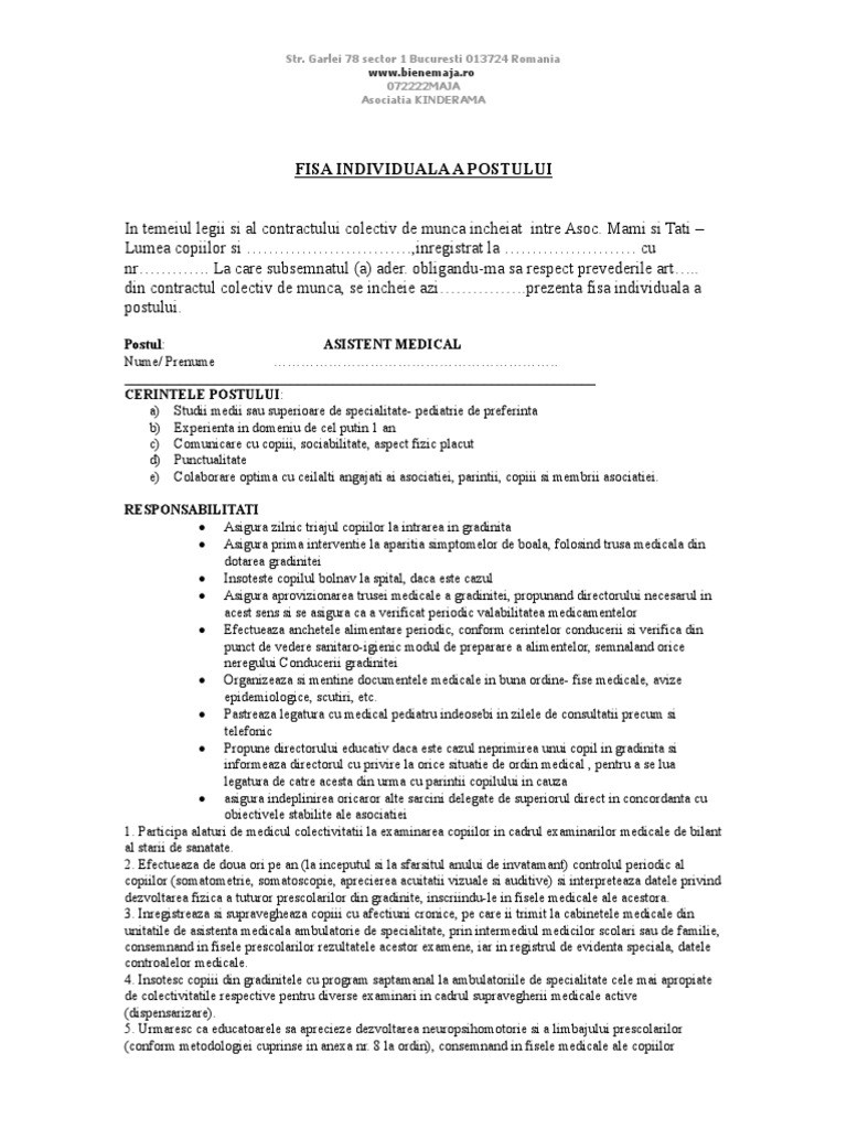 Fisa Post Asistent Medical Gradinita | PDF