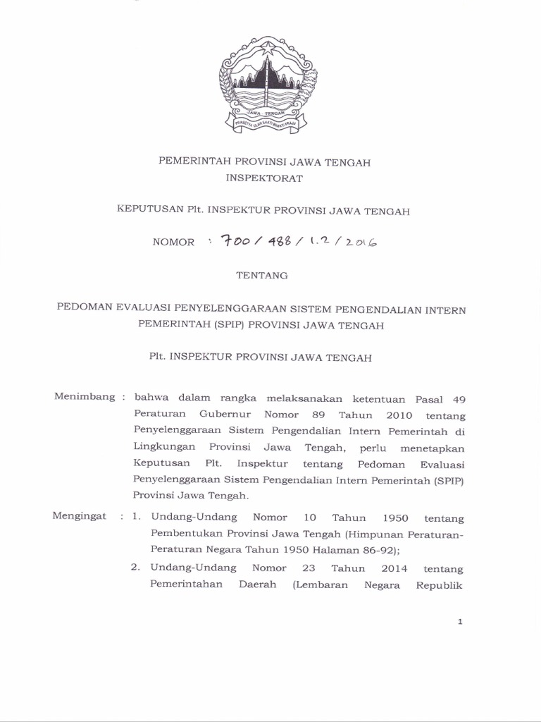 SK Pedoman Evaluasi SPIP Jateng PDF | PDF