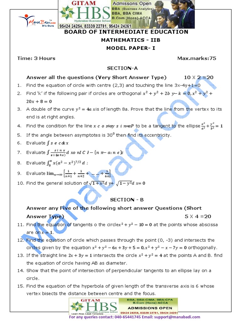 IPE Inter II Year Maths IIB Model Paper I | PDF | Circle | Perpendicular