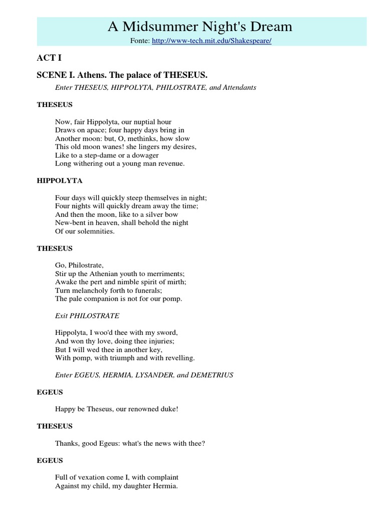 A Midsummer Night's Dream: Act I SCENE I. Athens. The Palace of THESEUS ...