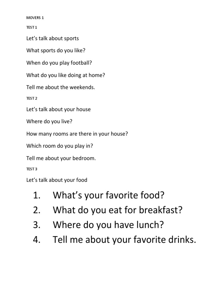 Movers Speaking Personal Questions Cau Hoi Ca Nhan | PDF | Meal ...