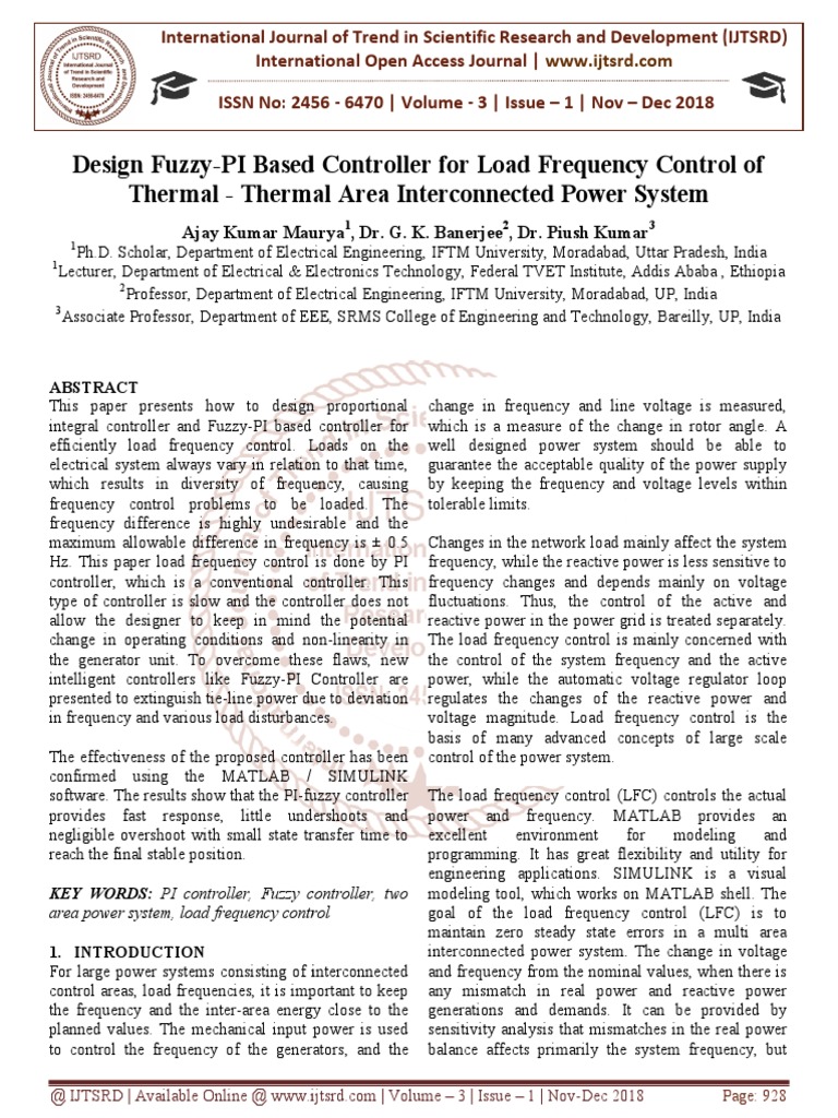 Design Fuzzy-PI Based Controller For Load Frequency Control of Thermal - Thermal Area ...