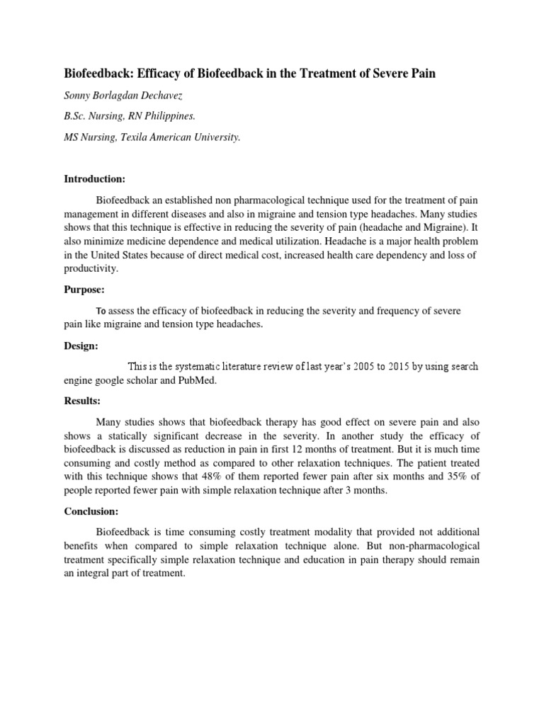 Biofeedback: Efficacy of Biofeedback in The Treatment of Severe Pain | PDF