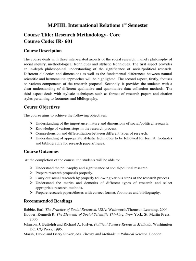 M.PHIL International Relations 1 Semester Course Title: Research ...