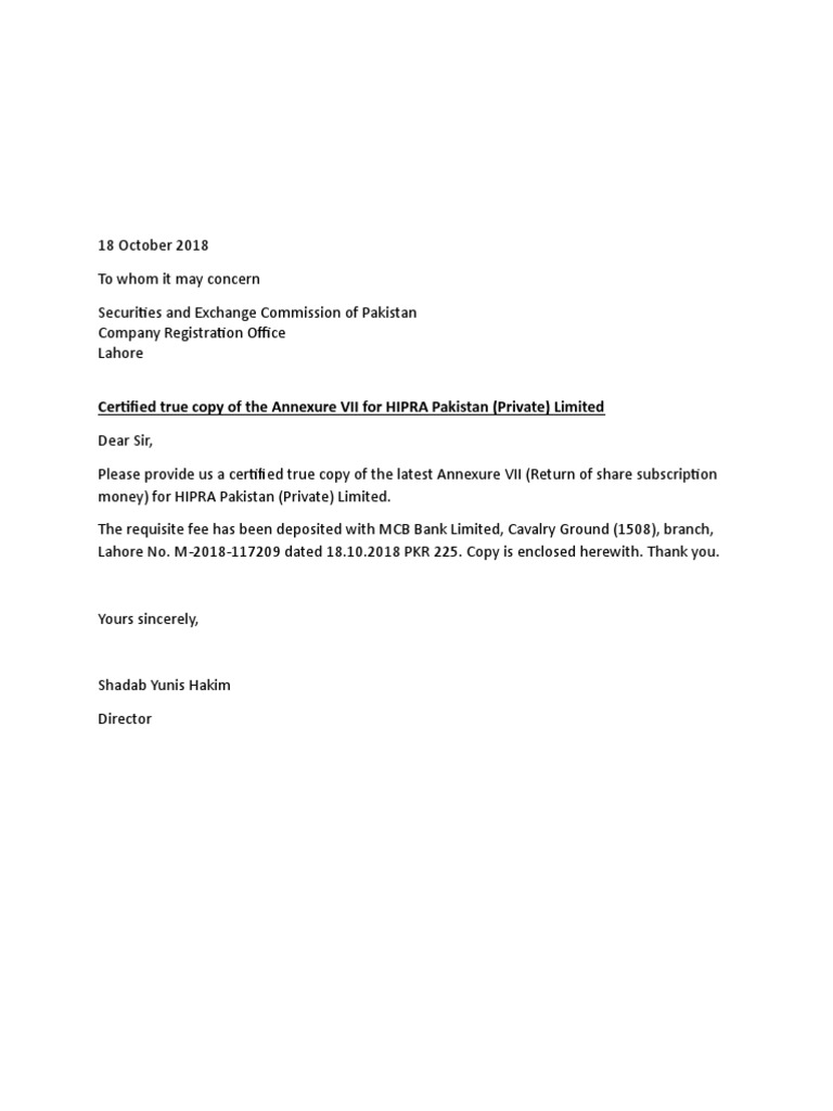 Request Letter To SECP For CTC | PDF | Money | Business