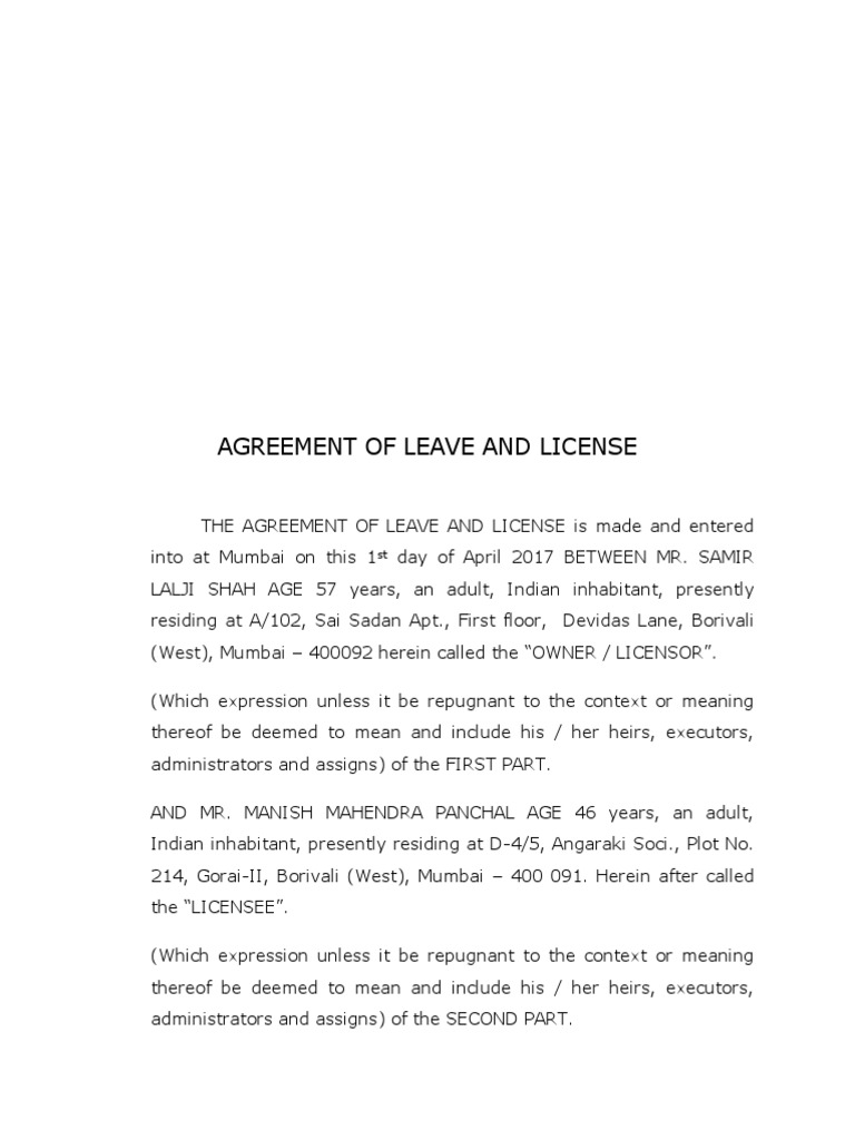 Agreement of Leave and License | PDF | License | Social Institutions