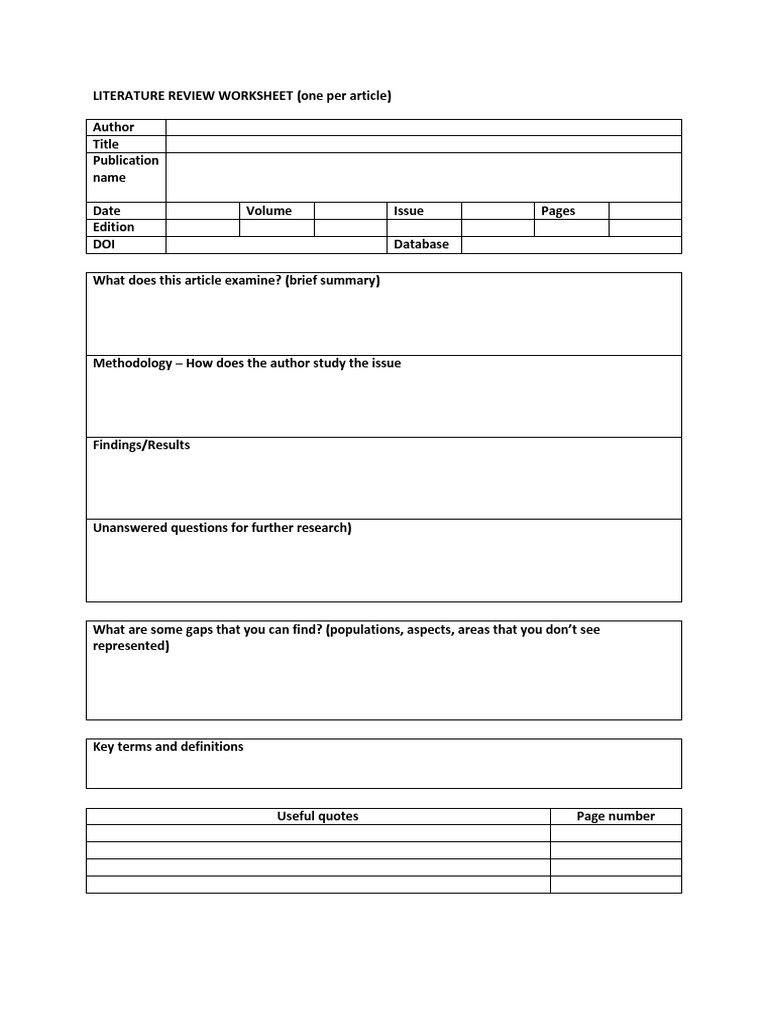 Literature Review Worksheet | PDF