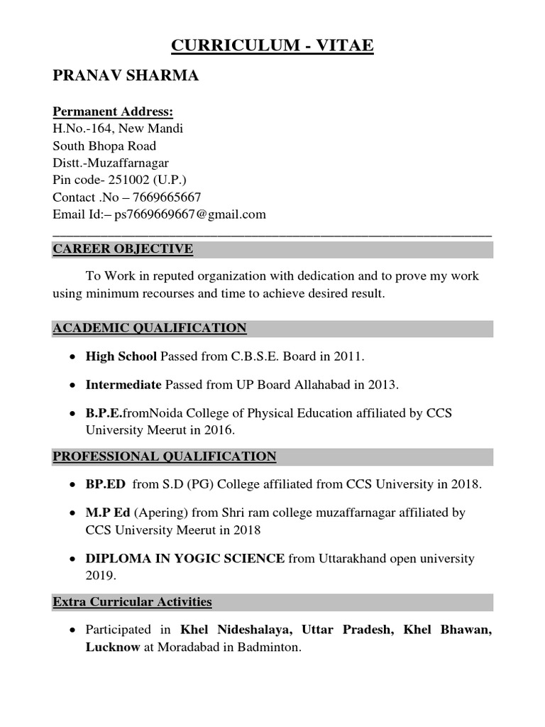 Curriculum - Vitae: Pranav Sharma | Download Free PDF | Physical Education | Behavior Modification