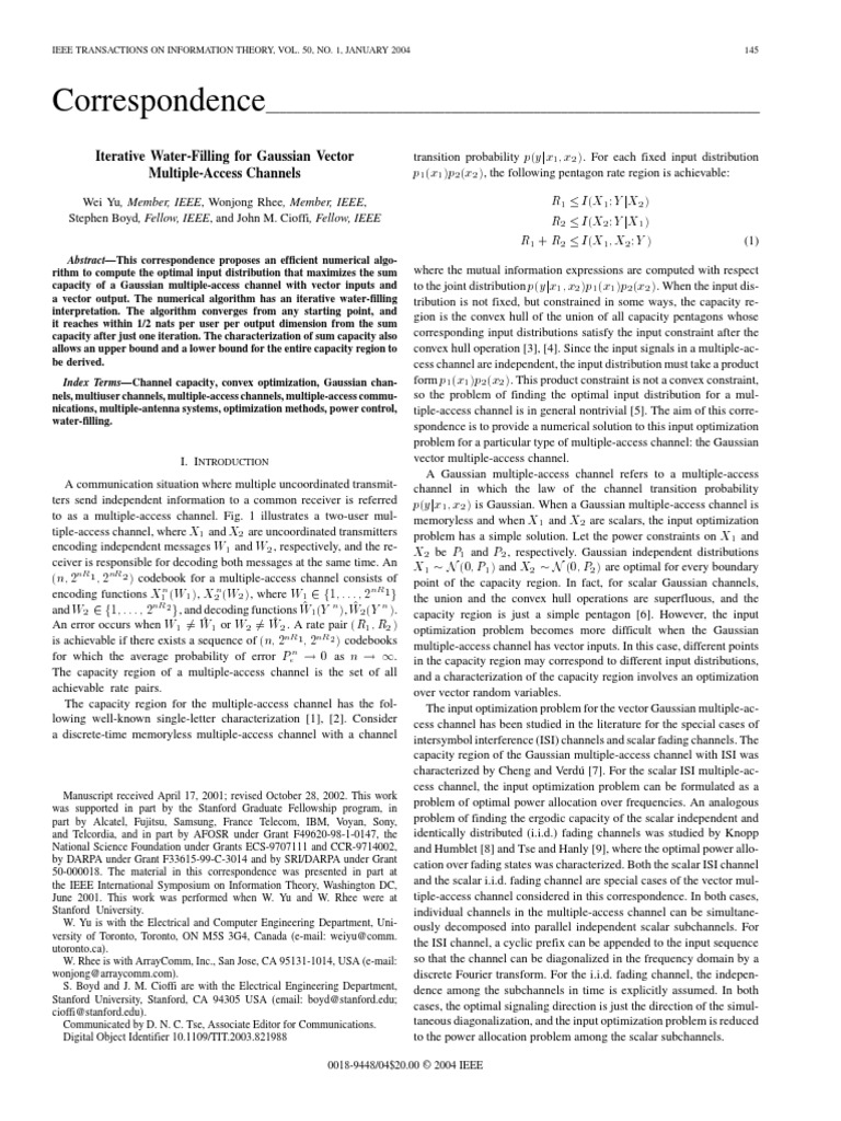 Correspondence: Iterative Water-Filling For Gaussian Vector Multiple-Access Channels | PDF ...