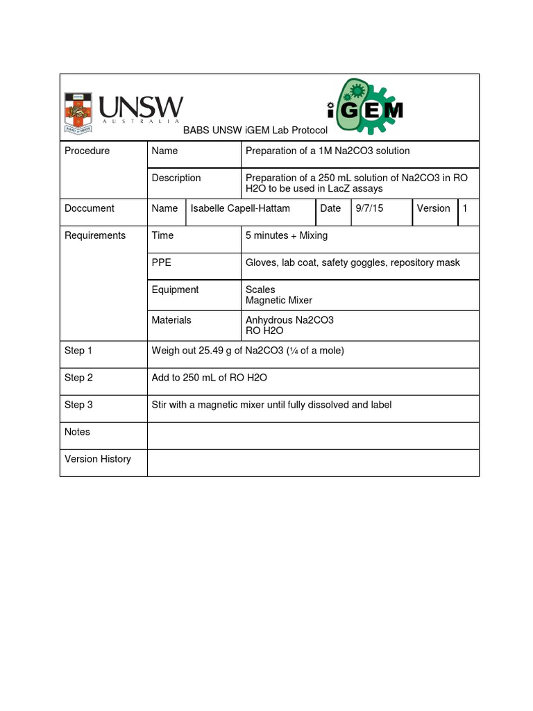 BABS UNSW Australia Protocols 1MNa2CO3 | PDF