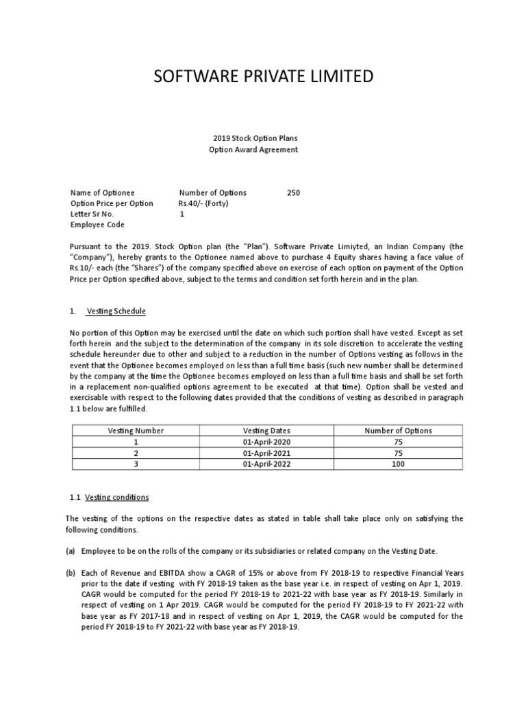 ESOP Grant Agreement Overview | PDF | Vesting | Option (Finance)