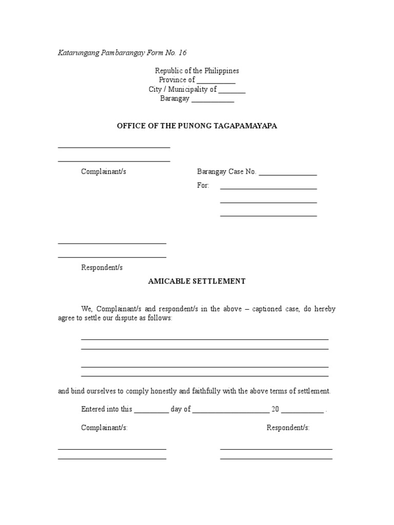 Amicable Resolution Form Documenting a Settlement Between Complaining ...