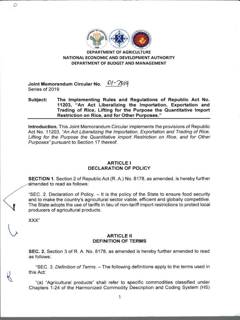 IRR of RA 11203 or The Rice Liberalization Act (RLA) - Signed | PDF