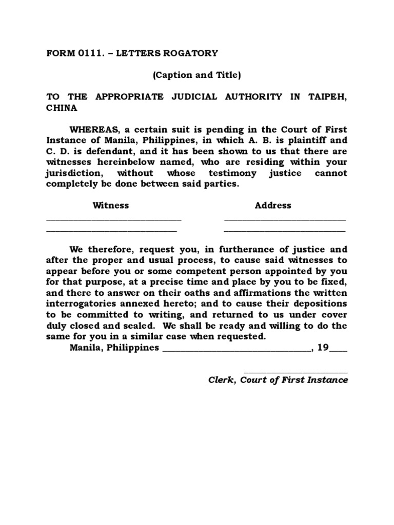 Form 0111 Letters Rogatory | PDF | Witness | Deposition (Law)